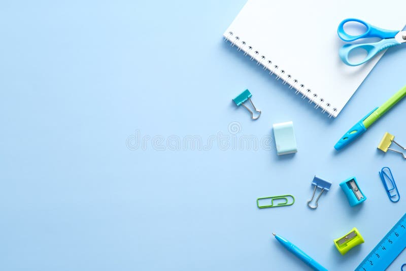 Flat Lay School Stationery on Blue Desk Table. Top View, Overhead Stock ...