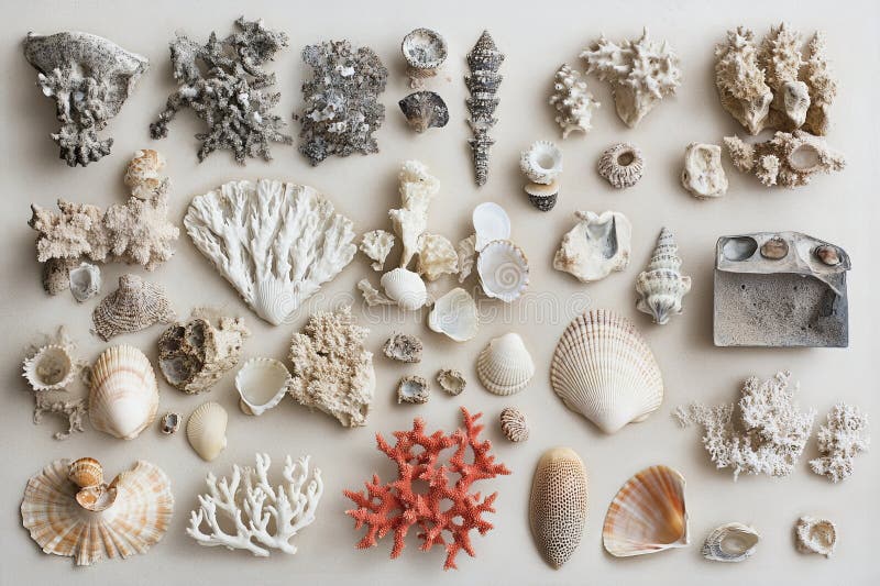 A Flat Lay of Seashells and Coral Fragments Arranged on Soft Sand Stock ...