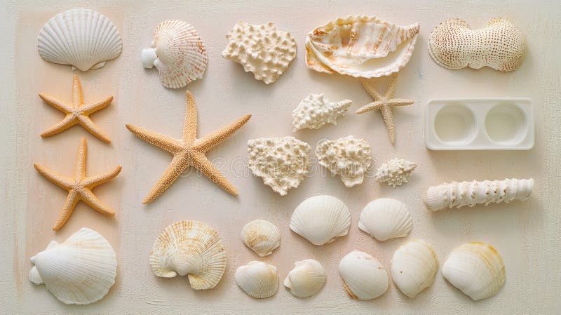 Flat Lay Seashells Starfish Arranged Neatly Pastel Colored Surface ...