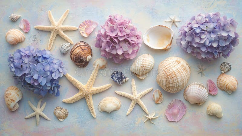 Flat Lay Seashells Starfish Arranged Pastel Colored Surface Background ...