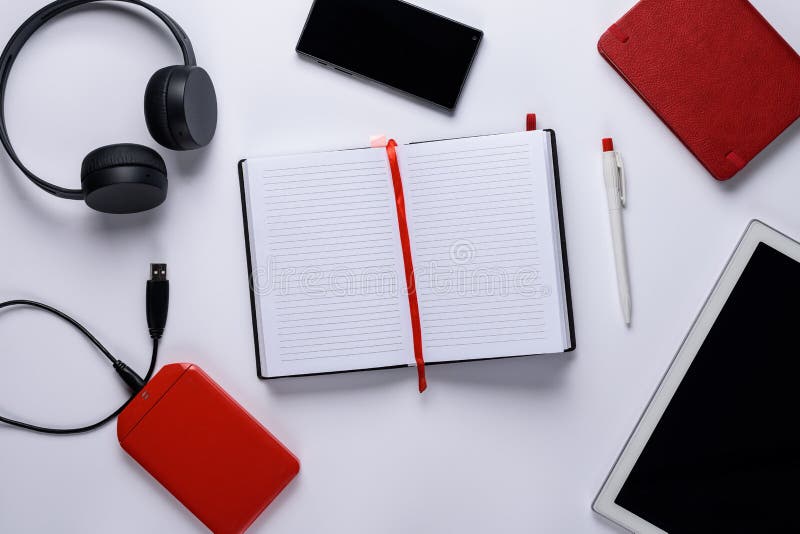 Flat Lay Set of Gadgets in the Center Open Notepad with Space for Text ...