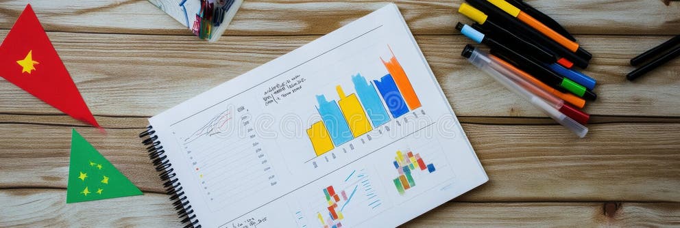Analyst Desk with Flags, Notebook, Markers, and Political Infographics ...