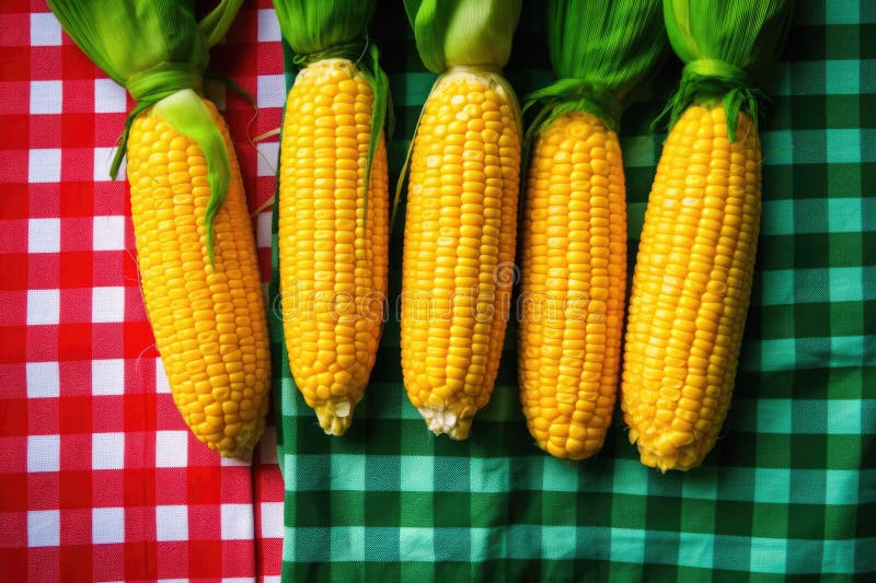 Flat Lay of Seven Corn Cobs on a Bright Colored Fabric Stock Photo ...