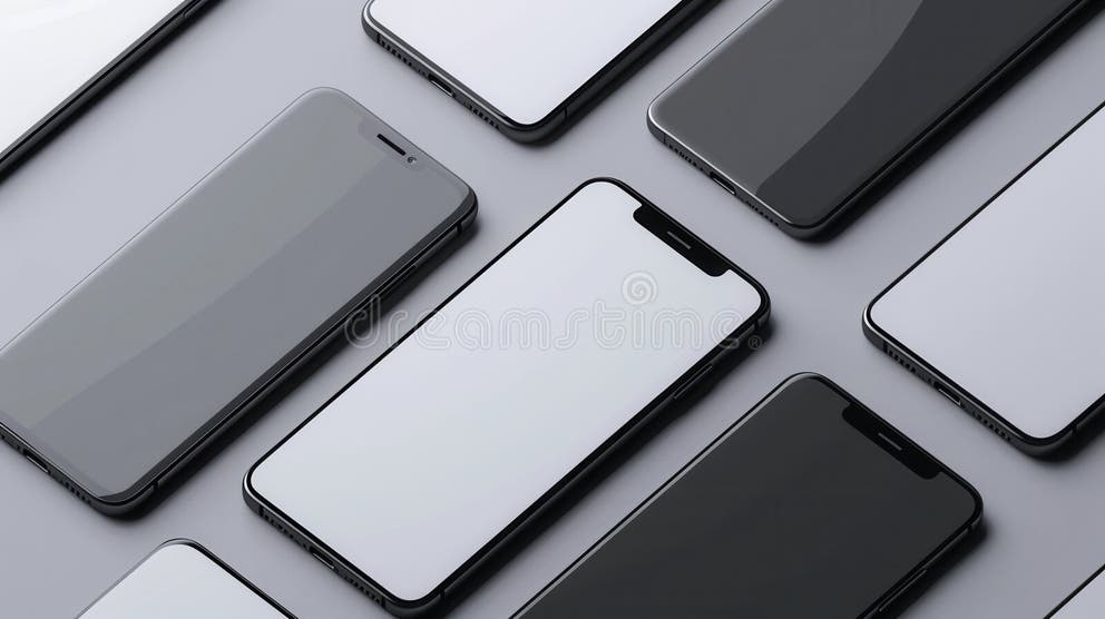 A Flat Lay of Several Modern Smartphones in Various Angles on a Grey ...