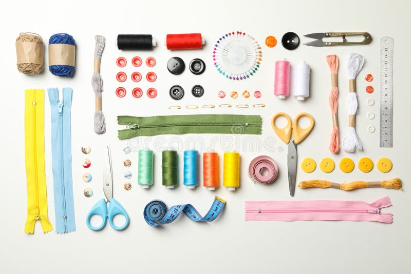 Flat Lay with Sewing Supplies on White Background Stock Image - Image ...