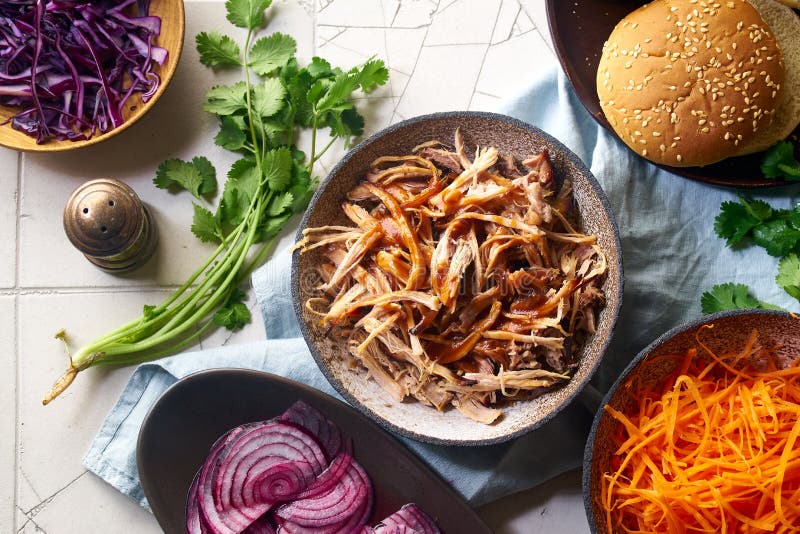 Pulled Pork with Barbecue Sauce and Pickles Stock Photo - Image of ...