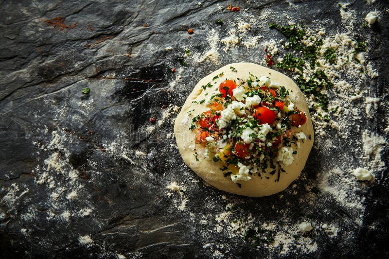 A Flat Lay of a Single Pizza Dough Ball with Scattered Toppings Styled ...