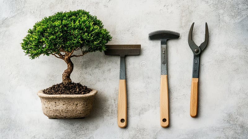 A Flat Lay of Small Garden Tools Styled beside a Neatly Trimmed Bonsai ...