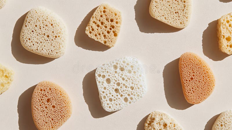 A Flat Lay of Small Natural Sponges Styled on a Neutral-colored Surface ...