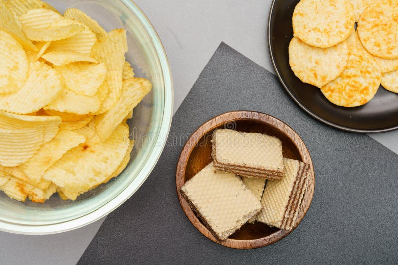 Flat Lay of Snack, Crispy Potato Chip and Wafer in Various Containers ...