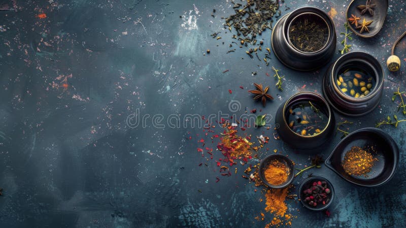 Flat Lay of Spices and Herbs in Ceramic Bowls on a Dark Textured ...