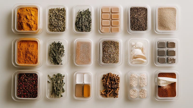 A Flat Lay of Spices and Herbs in Small Containers, Ready for Meal Kits ...