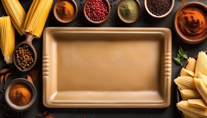 A Flat Lay with Spices, Pasta, and an Empty Plate Stock Illustration ...