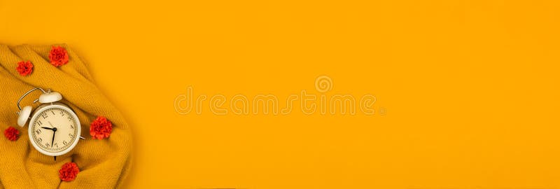 Flat Lay Spring Background with Sweater and Alarm Clock, Copy Space and ...