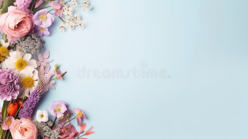 Flat Lay of Spring Flowers on Blue Background with Copy Space Stock ...