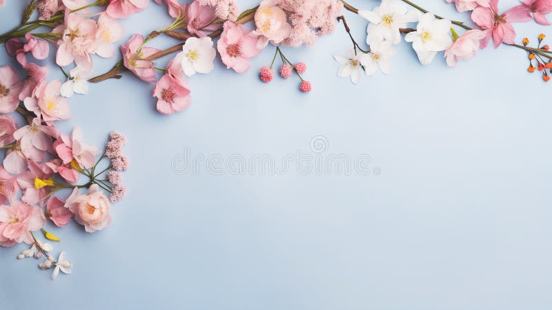 Flat Lay of Spring Flowers on Blue Background with Copy Space Stock ...