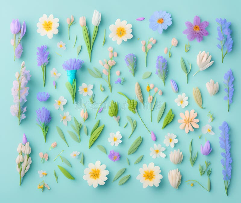Flat Lay of Spring Flowers, Generative AI Illustration Stock ...