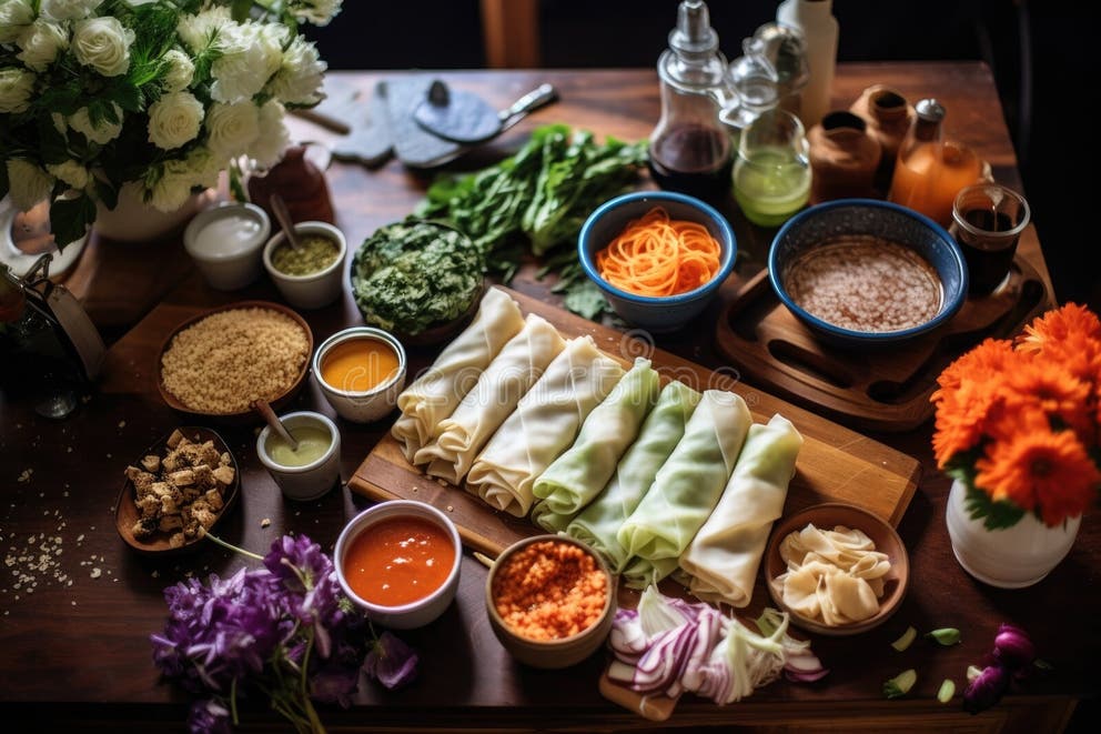 Flat Lay of Spring Roll Preparation Process Stock Illustration ...