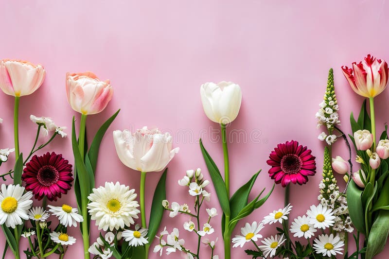 Flat Lay of Spring Various Flowers with Copy Space Stock Illustration ...