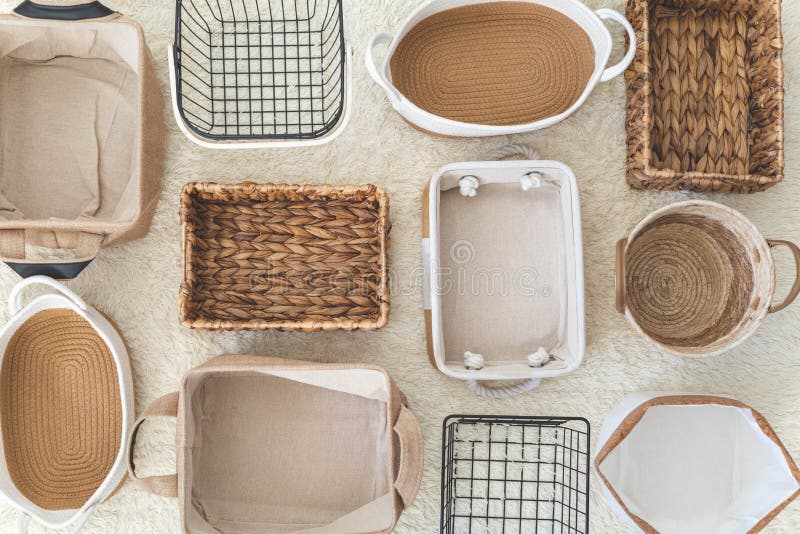 Flat Lay of Storage Boxes; Containers and Baskets with Different Sizes ...
