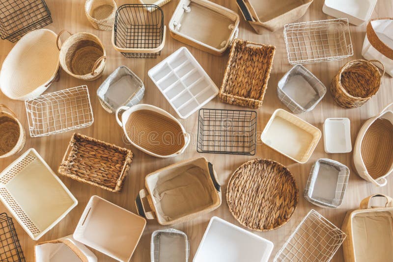 Flat Lay of Storage Boxes; Containers and Baskets with Different Sizes ...