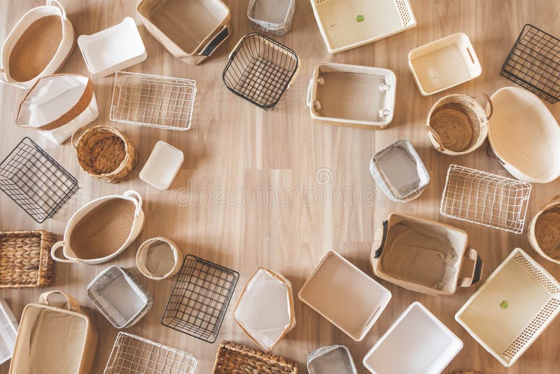 Flat Lay of Storage Boxes; Containers and Baskets with Different Sizes ...