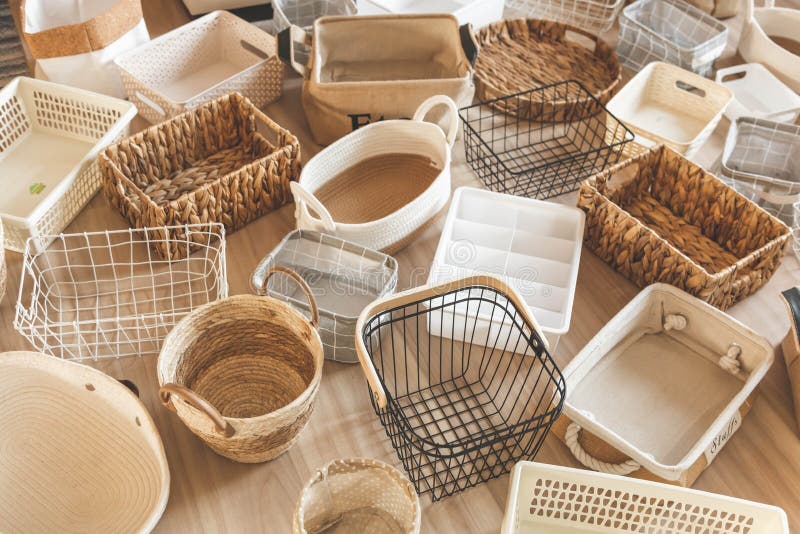 Flat Lay of Storage Boxes; Containers and Baskets with Different Sizes ...