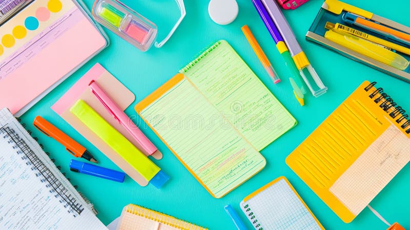 A Flat Lay of Study Guides, Highlighters, and Flashcards Styled on a ...