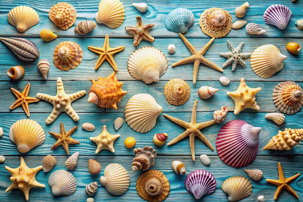 Flat Lay Summer Composition with Sea Shells Stock Illustration ...