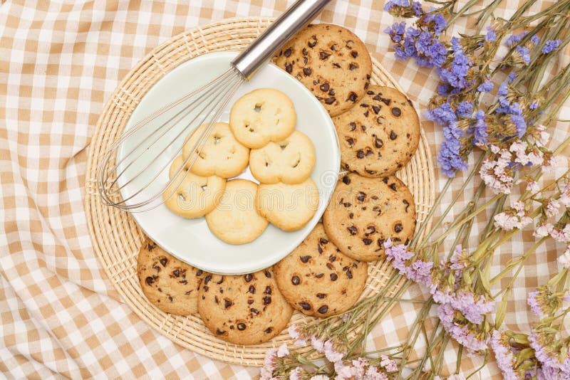 Flat Lay of Sweets, Butter Cookie and Chocolate Chip Cookie in ...