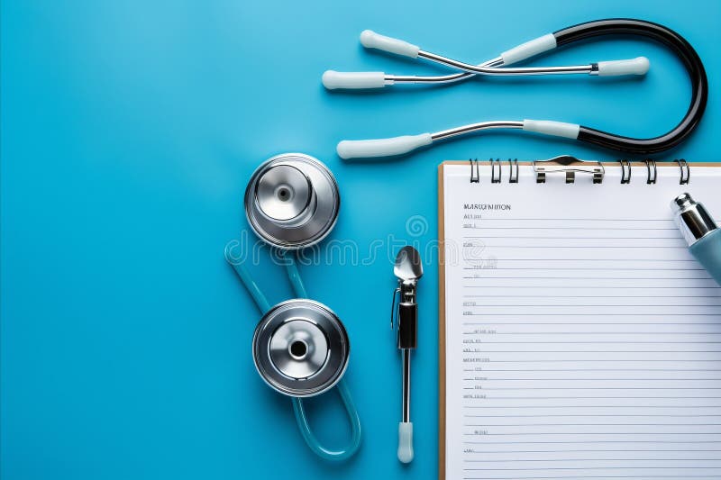 Flat Lay of Table with Medical Equipment, Medical Documents. Top View ...