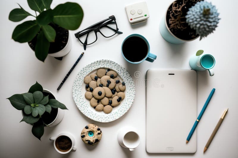 Flat Lay of a Table with a Snack and a Work Tablet. Ai Generated Stock ...