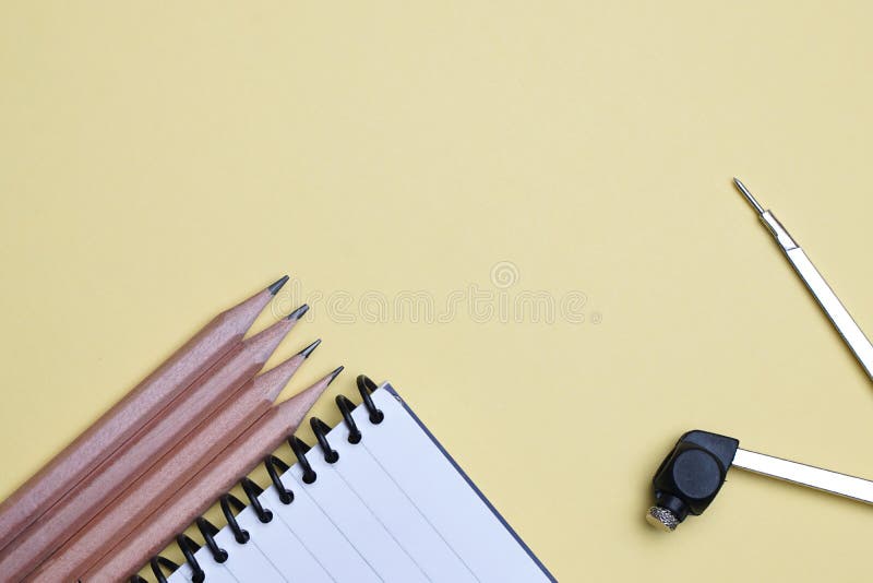 Flat Lay, Table Top View of Pencil, Compass and Spiral Notebook. Office ...