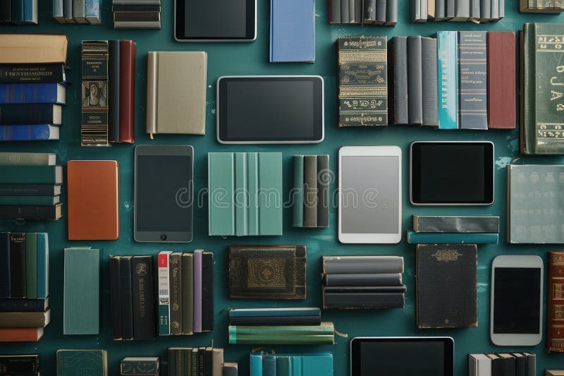 A Flat Lay of Tablets and Books Arranged on a Teal Surface ...