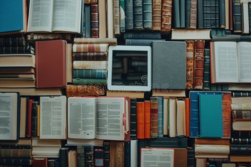 A Flat Lay of Tablets and E-Readers Surrounded by Books Representing ...
