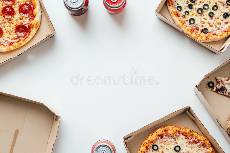 A Flat Lay of Takeaway Pizza Boxes and Soda Cans Arranged on a Clean ...