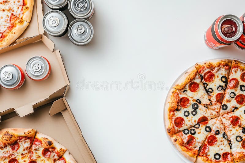 A Flat Lay of Takeaway Pizza Boxes and Soda Cans Arranged on a Clean ...