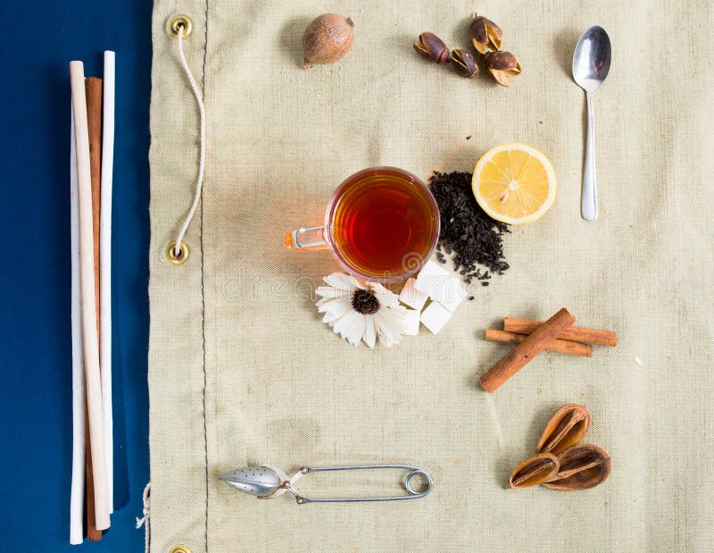 Flat Lay Tea Acessories Set. Stock Photo - Image of flower, sticks ...