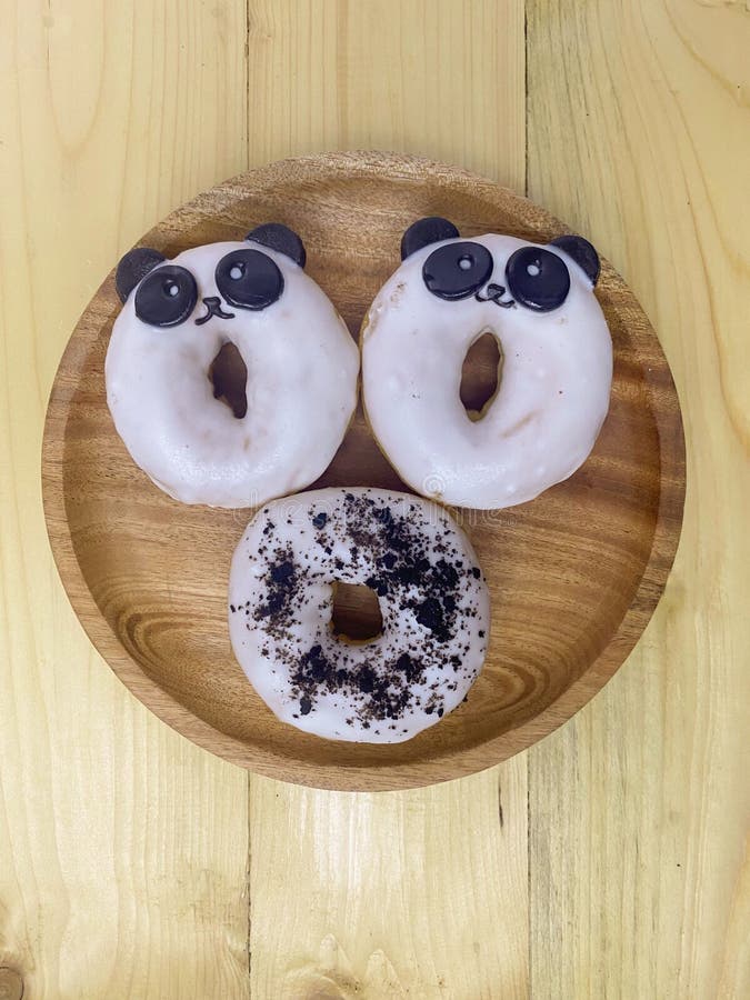 Flat Lay of Three Panda Donuts Stock Image - Image of plate, chocolate ...