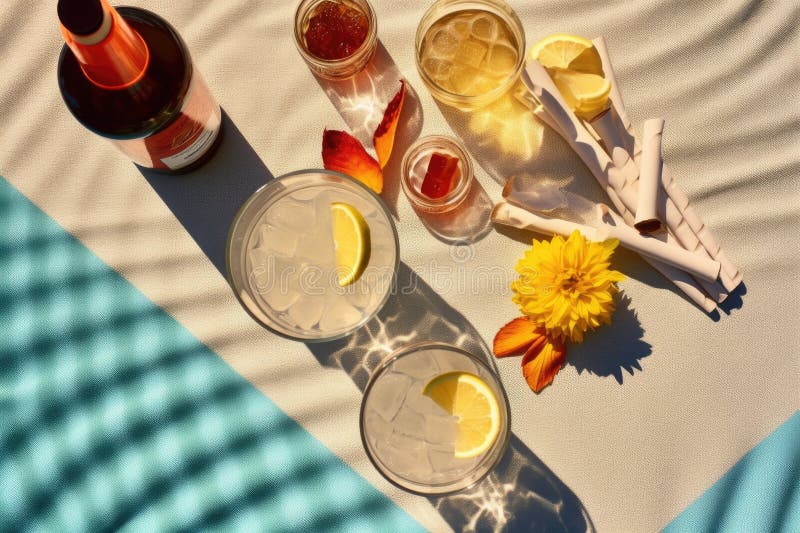 Flat Lay of Tom Collins Ingredients beside Pool Stock Illustration ...