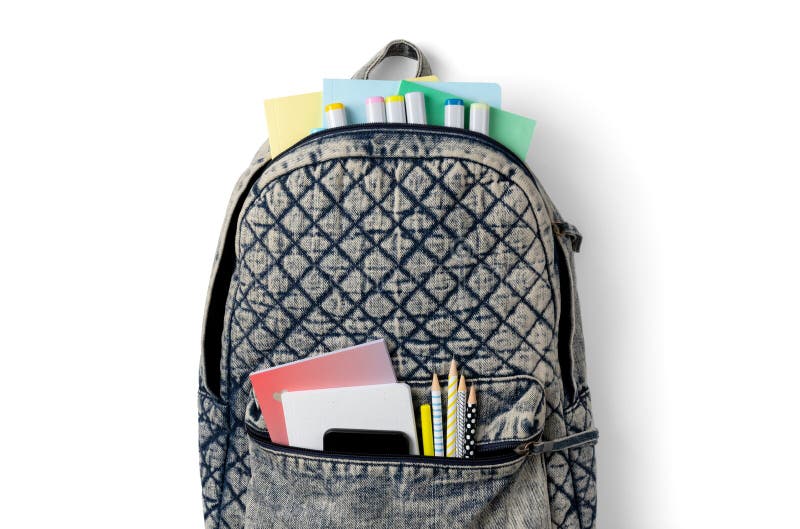 Flat Lay Top View Backpack with Different Colorful Stationery on White ...