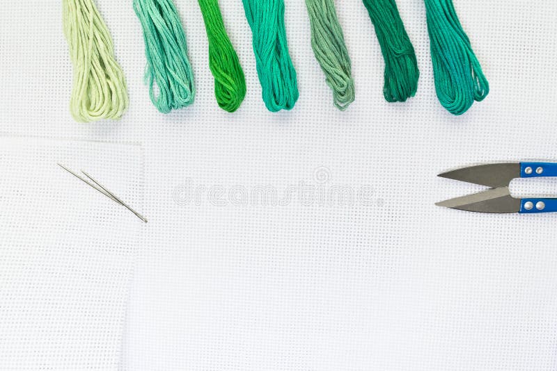 Flat Lay Top View with an Embroidery Canvas, Needles, Threads in Green ...