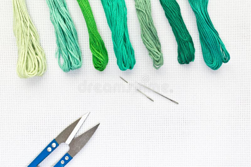Flat Lay Top View with an Embroidery Canvas, Needles, Threads in Green ...