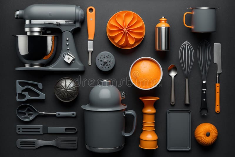 Flat Lay and Top View of Kitchen Utensils (cooking Tools) on a Grey ...