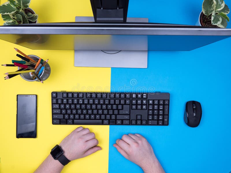 Flat Lay Top View of Man Holding Hands on His Desk Stock Image - Image ...