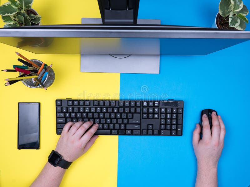 Flat Lay Top View of Man Sitting at His Office Typing on Keyboard Stock ...