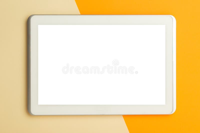 Flat Lay, Top View of Orange Office Table Desk with Tablet Computer ...