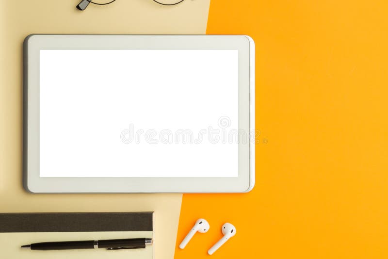 Flat Lay, Top View of Orange Office Table Desk with Tablet Computer ...