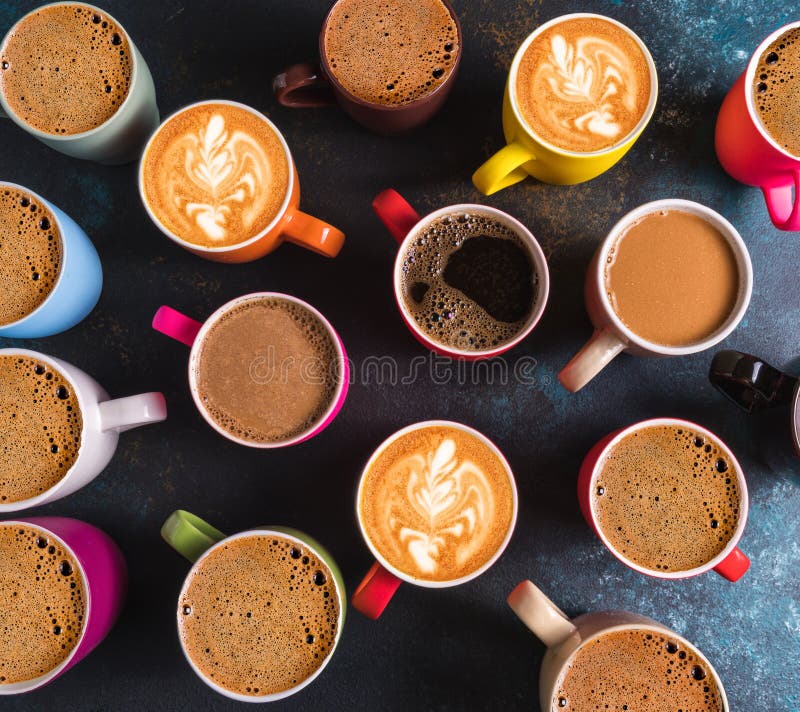 Flat Lay Top View the Set of Different Types of Coffee in Mugs Stock ...