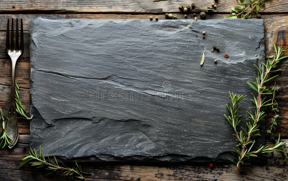 Rustic Slate Stone Table Mockup with Herbs Stock Illustration ...